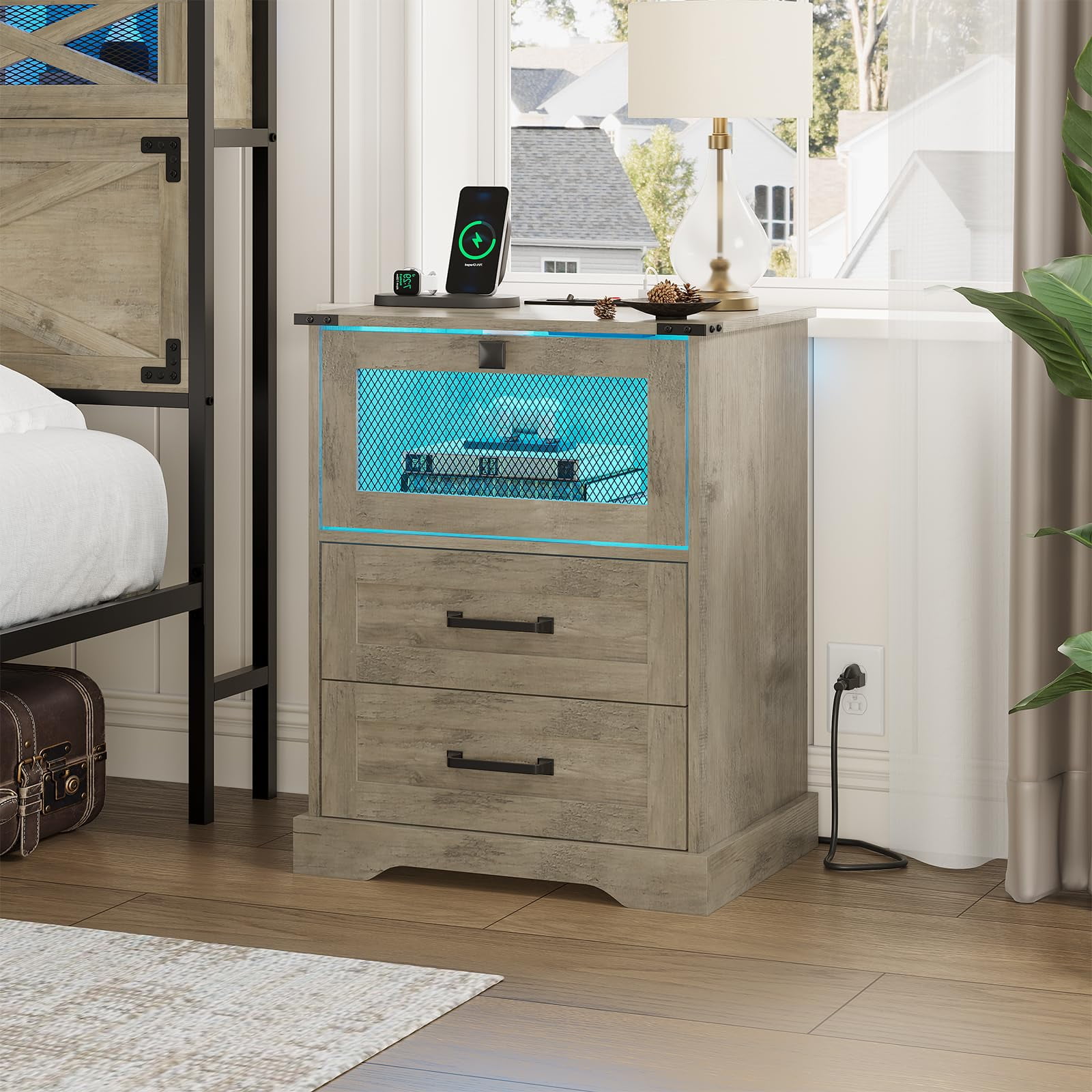 Farmhouse Nightstand with LED Lights and Charging Station, Rustic Oak ...