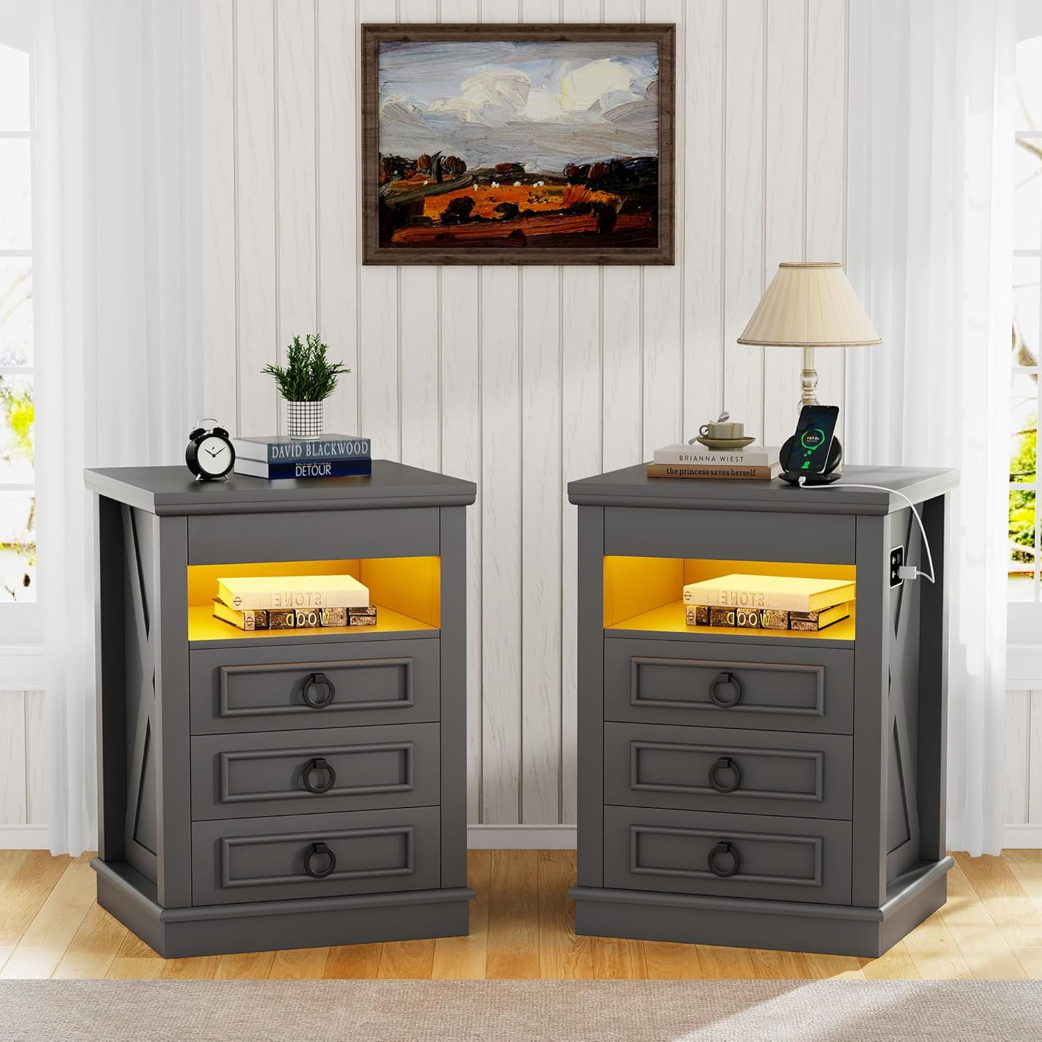 Farmhouse Nightstand with Lockable Gun Drawer 3 Color Dimmable LED End ...