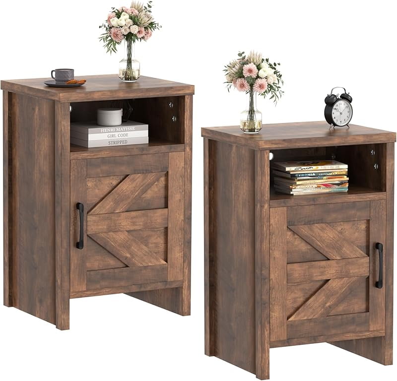 Farmhouse Nightstand, Modern Bedside Table with Barn Door and Shelf ...