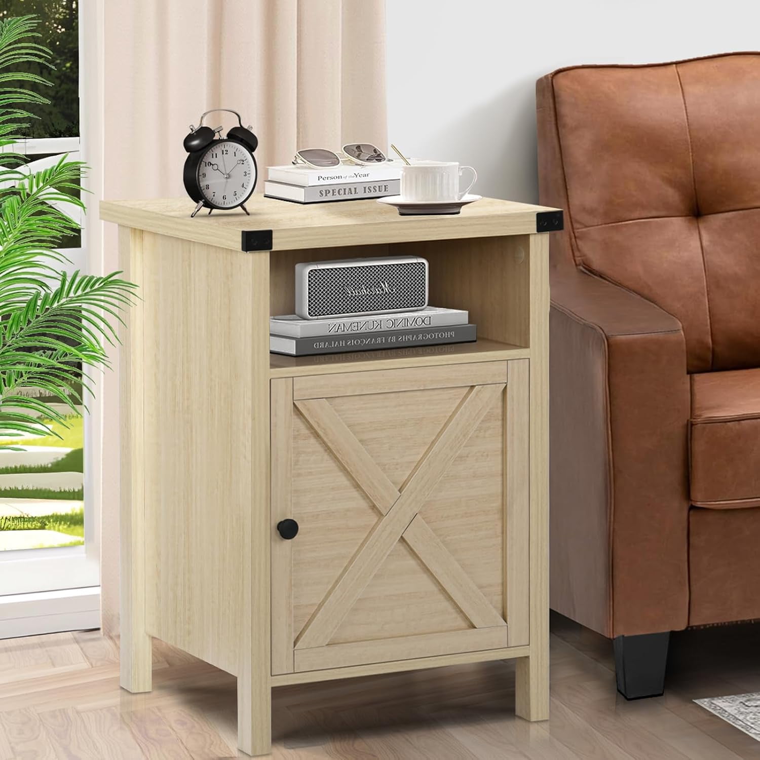 Farmhouse Nightstand, Rustic End Table with Storage Cabinet and Shelf, End Table for Bedroom ...