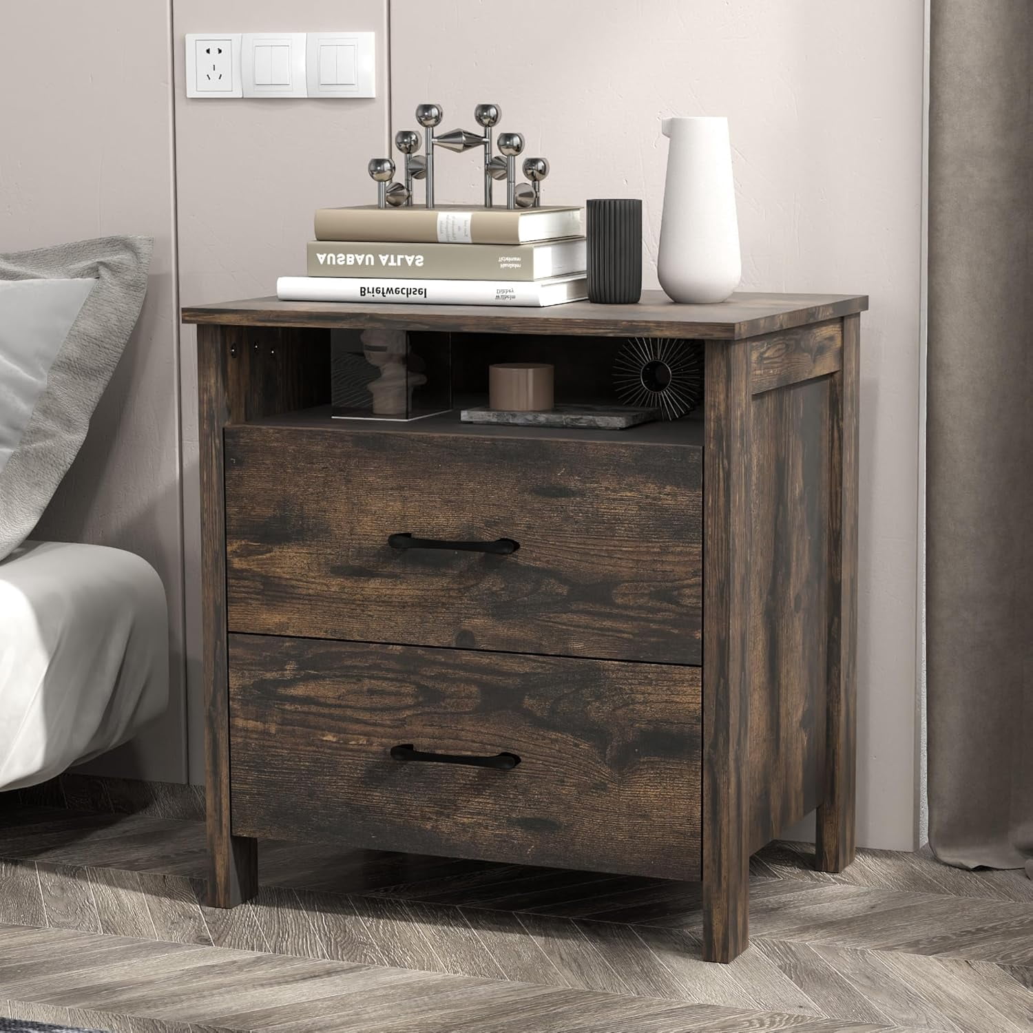 Farmhouse Nightstand, Rustic Nightstand with 2 Large Drawers, Wood End ...