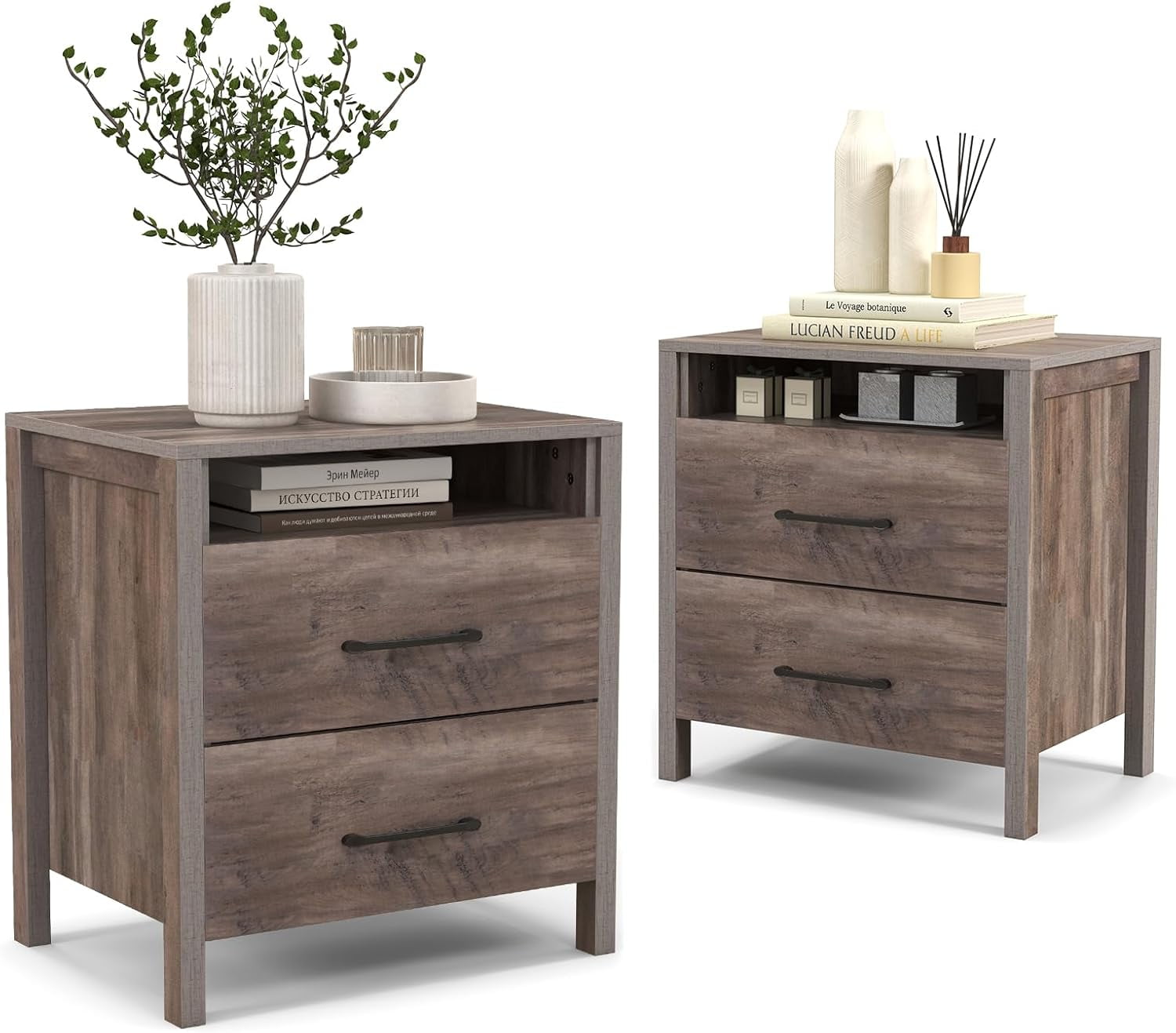 Farmhouse Nightstand, Rustic Wood Bedside Table with 2 Storage Drawers ...