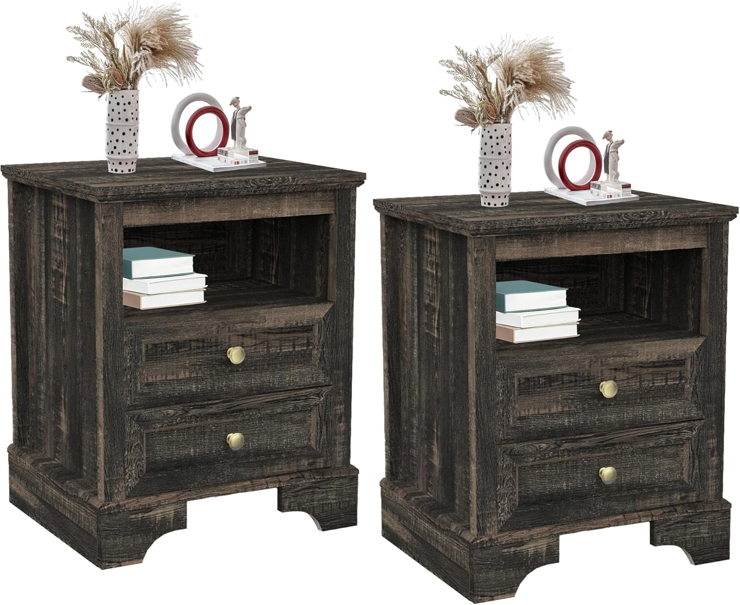Farmhouse Nightstand Set of 2, 18" Beside Table with 2 Drawers and 1 ...
