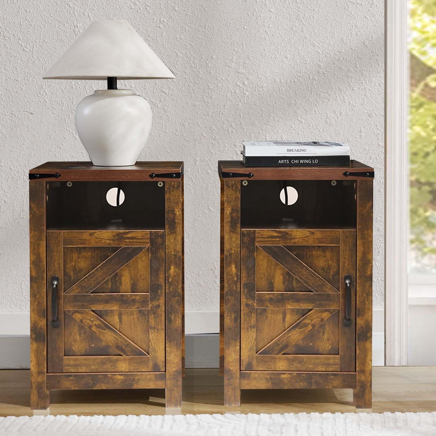 Farmhouse Nightstand Set of 2, Bedside Table with Charging Station ...