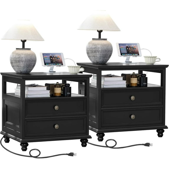 Farmhouse Nightstand Set of 2 with Charging Station, 24" Wide End Table ...