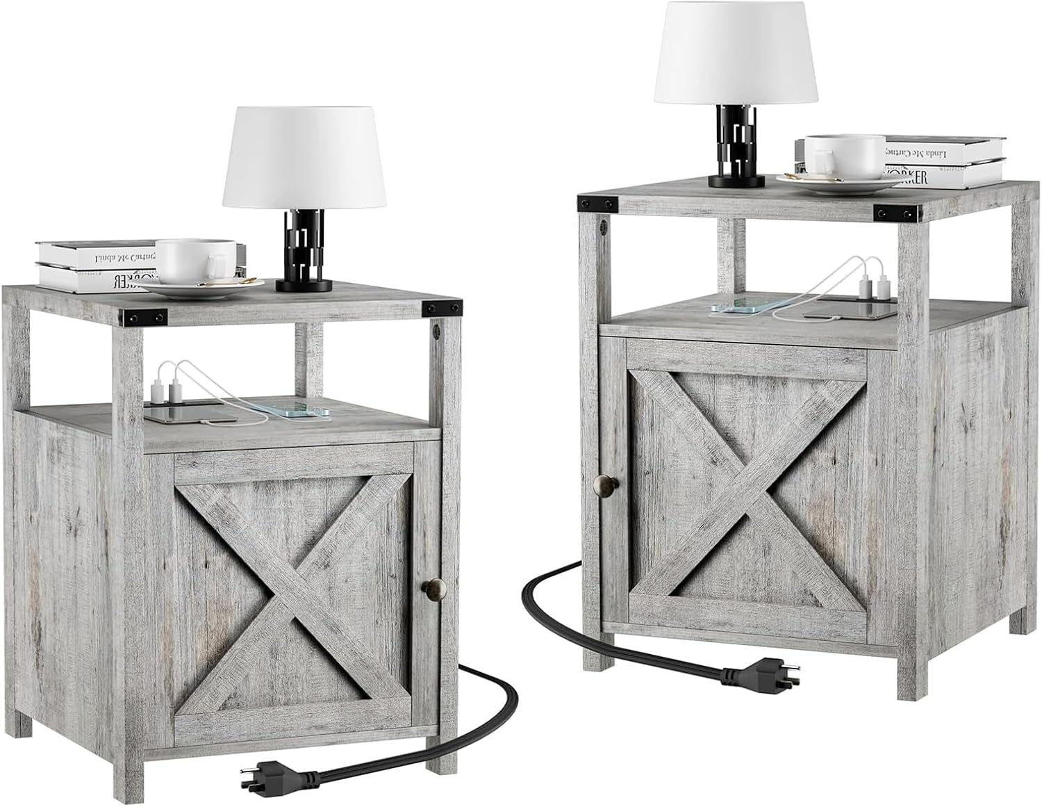 Farmhouse Nightstand Set of 2 with Charging Station, Rustic End Table ...
