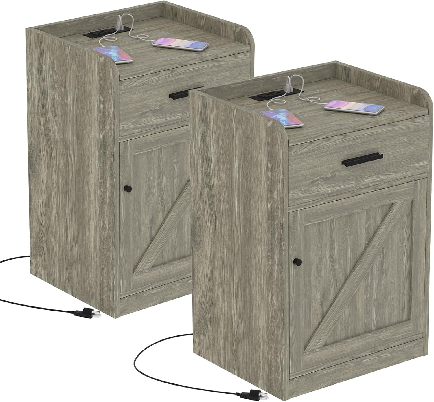 Farmhouse Nightstand Set of 2 with Charging Station, Rustic Grey End ...
