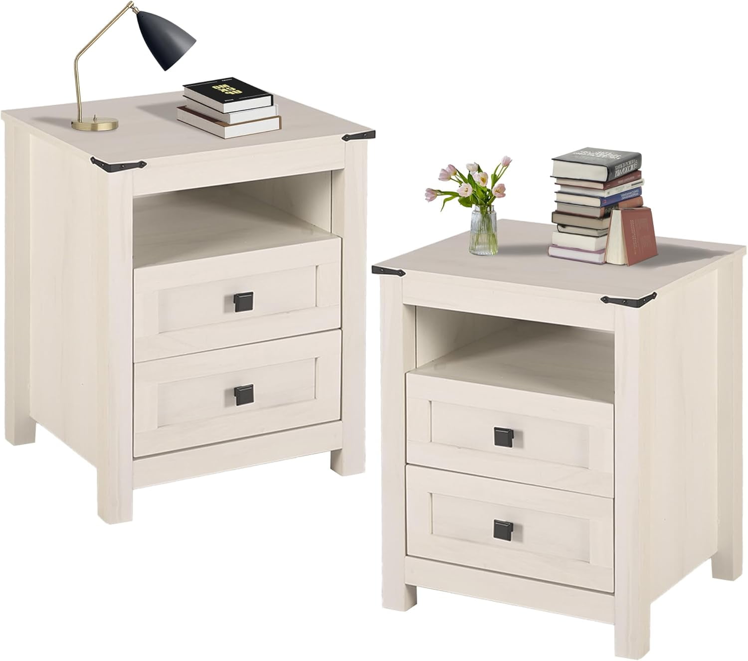 Farmhouse Nightstand Set with 2 Drawers, Wooden Night Stands, Wood Side ...