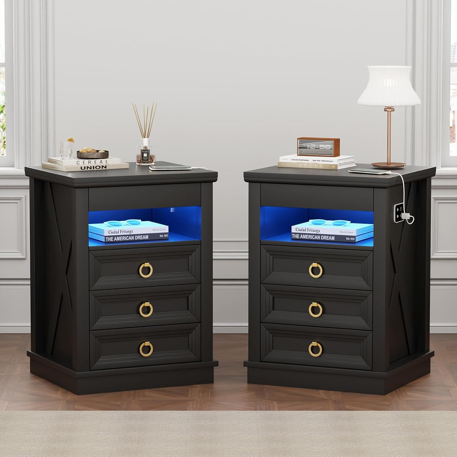 Farmhouse Nightstand Set 2 with Gun Drawer,Bedside Table with Charging ...