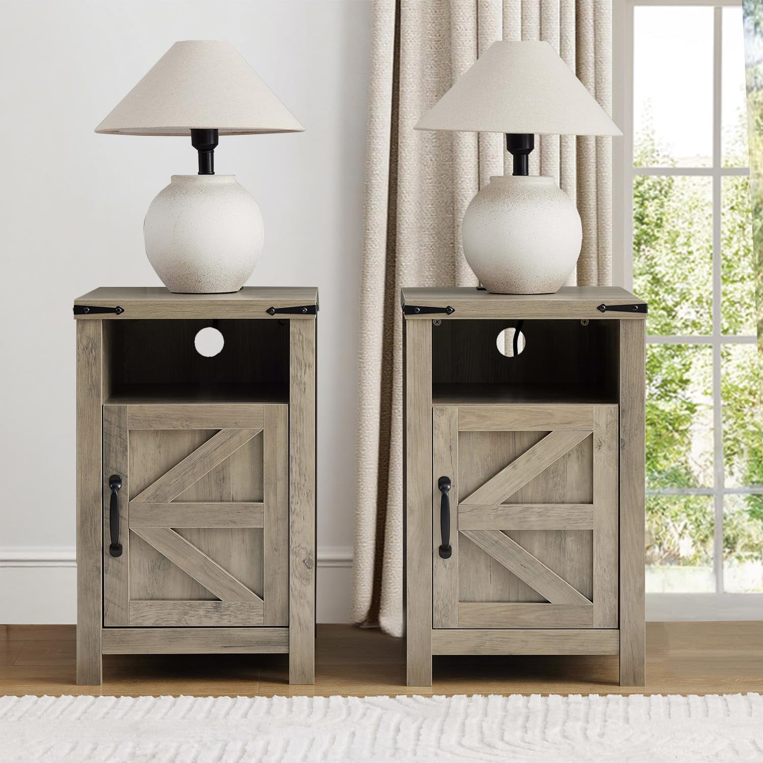 Farmhouse Nightstand Set of 2，Modern Bedside Table with Charging ...