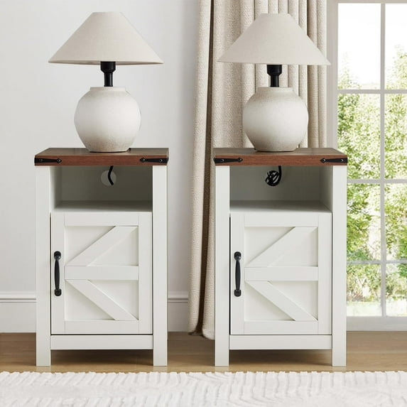 Farmhouse Nightstand Set of 2，Modern Bedside Table with Charging ...