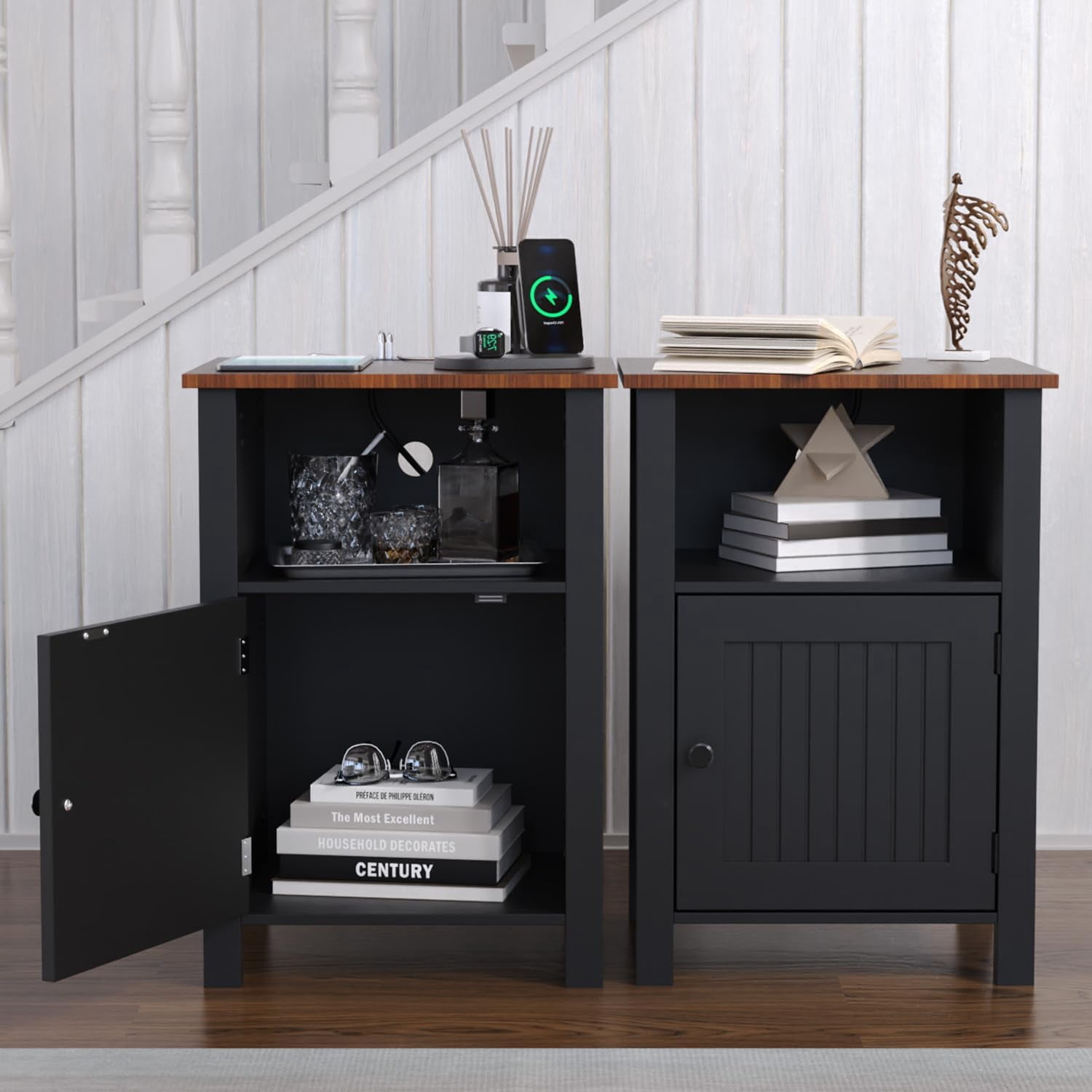 Farmhouse Nightstand Set of 2, Night Stand with Charging Station and ...