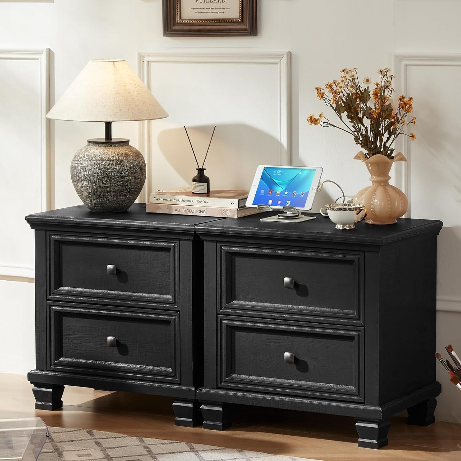 Farmhouse Nightstand Set of 2, Rustic Low Nightstands with 2 Drawers ...
