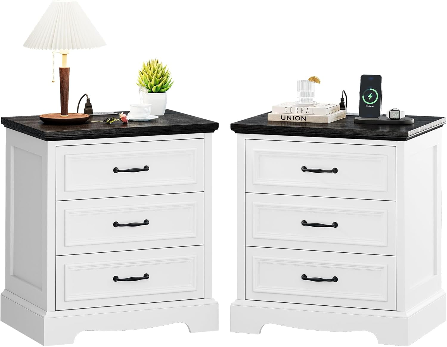 Farmhouse Nightstand Set of 2, Wood Night Stand with 3 Drawers and ...