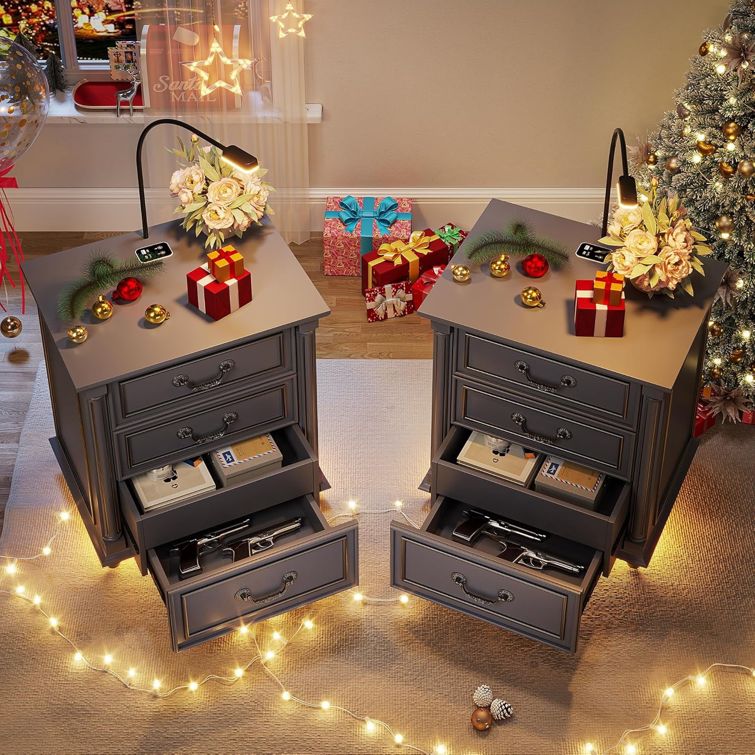 Farmhouse Nightstand Set 2 with Gun Drawer and 3 Large Storage Drawers ...