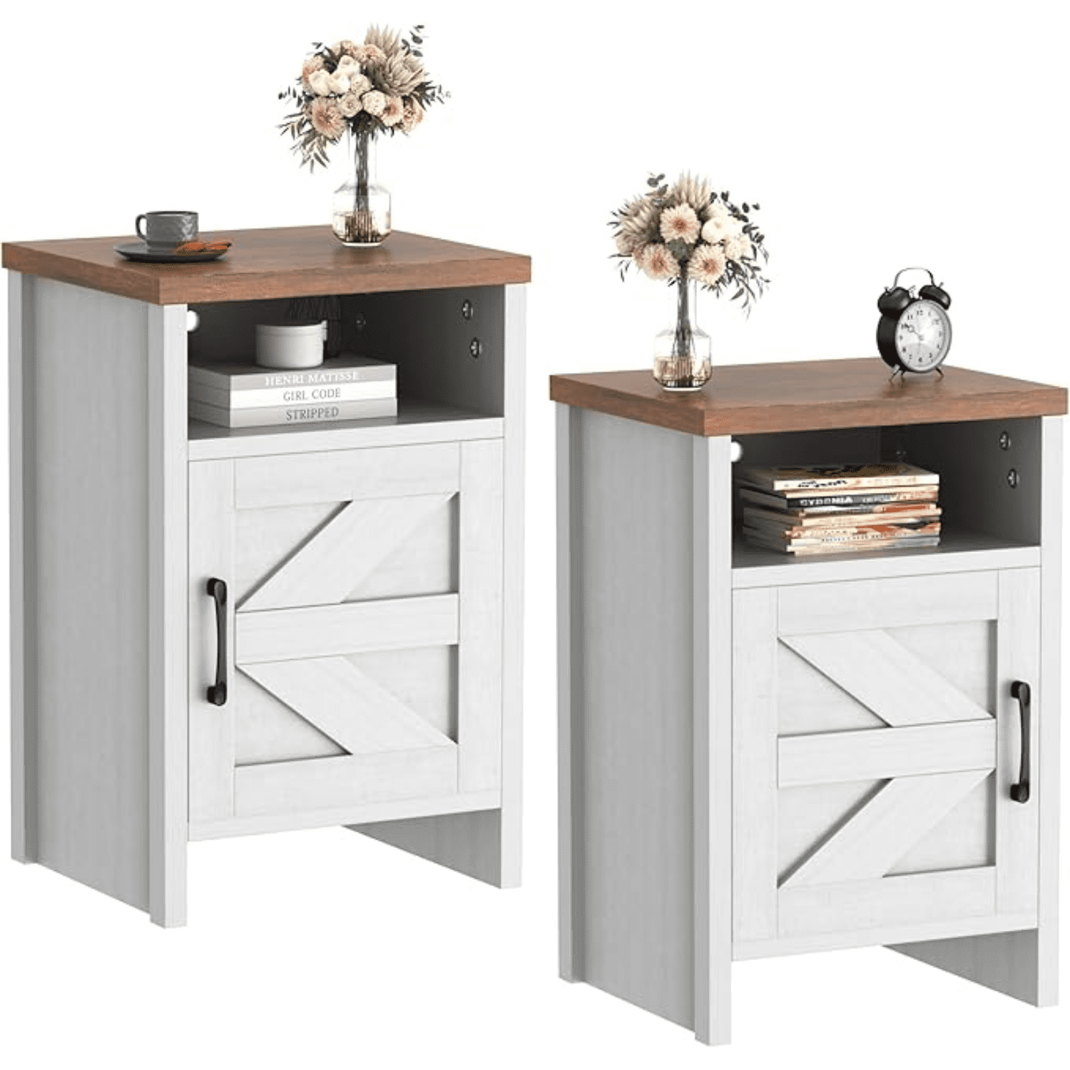 Farmhouse Nightstand Set of 2 - Rustic Bedside Table with Barn Door ...