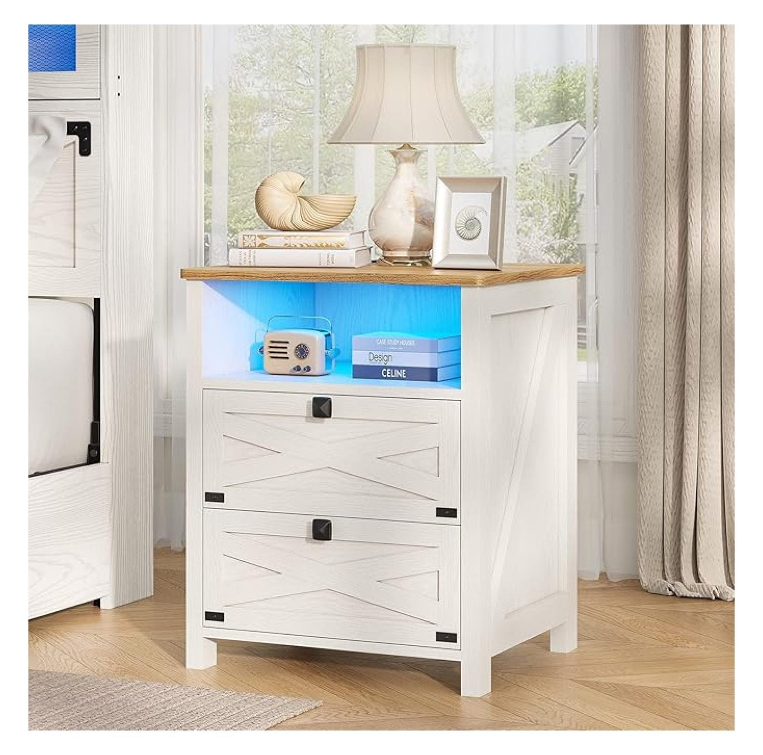 Farmhouse Nightstand Set of 2, Rustic White Bedside Tables with ...