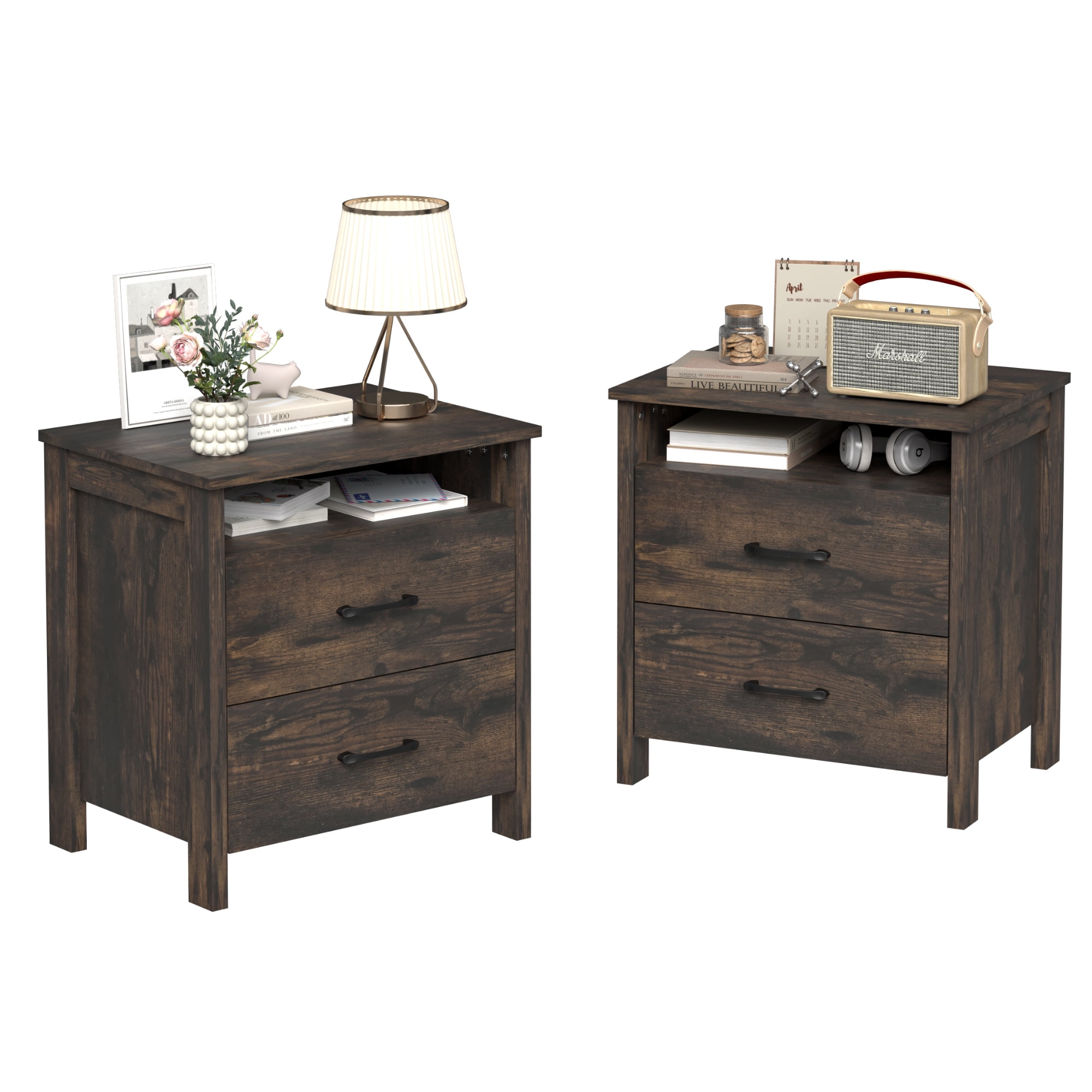 Farmhouse Nightstand Set of 2, Rustic Wood End Tables with 2 Drawers and Open Shelf, Dark Brown ...