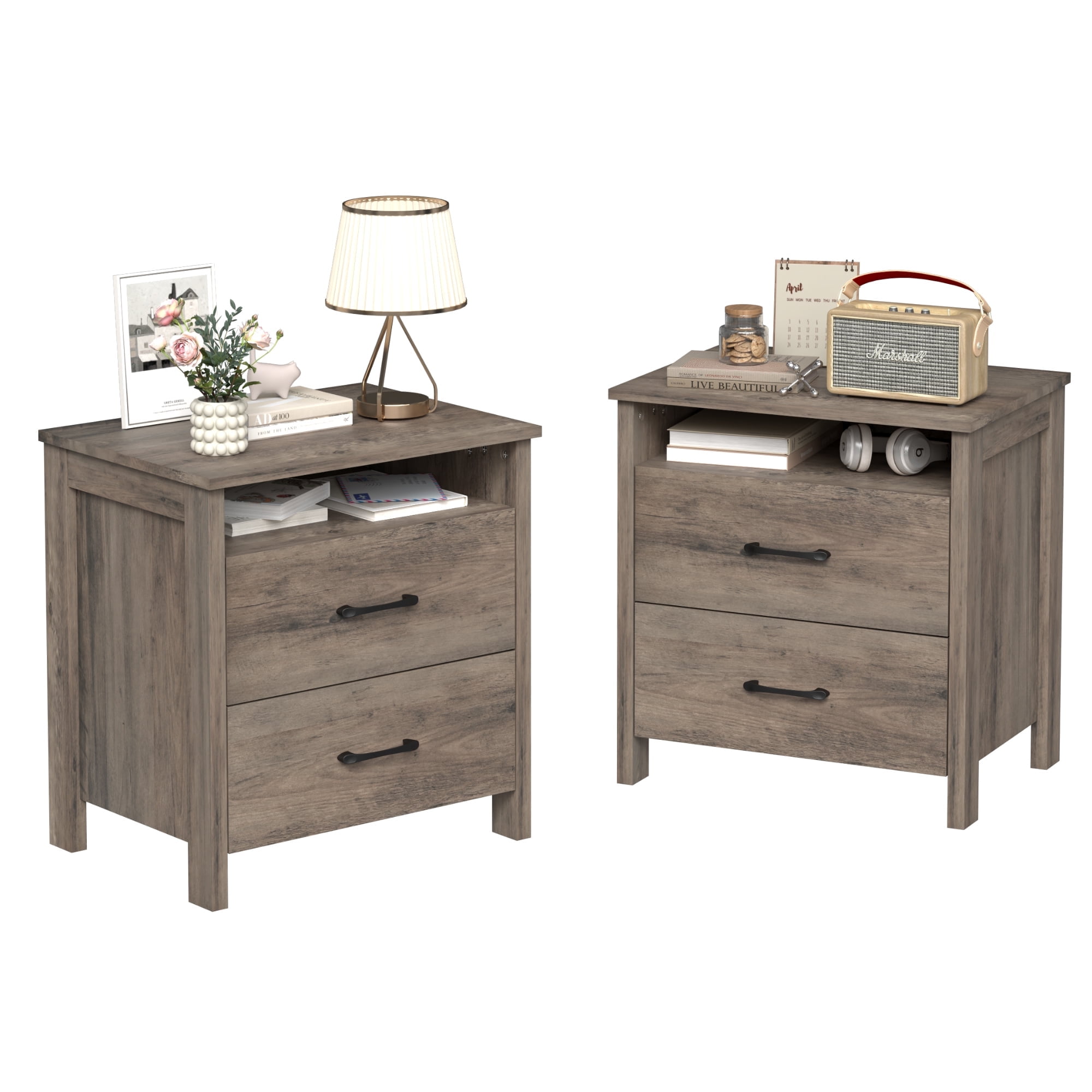 Farmhouse Nightstand Set of 2, Rustic Nightstand with 2 Drawers, Wood ...