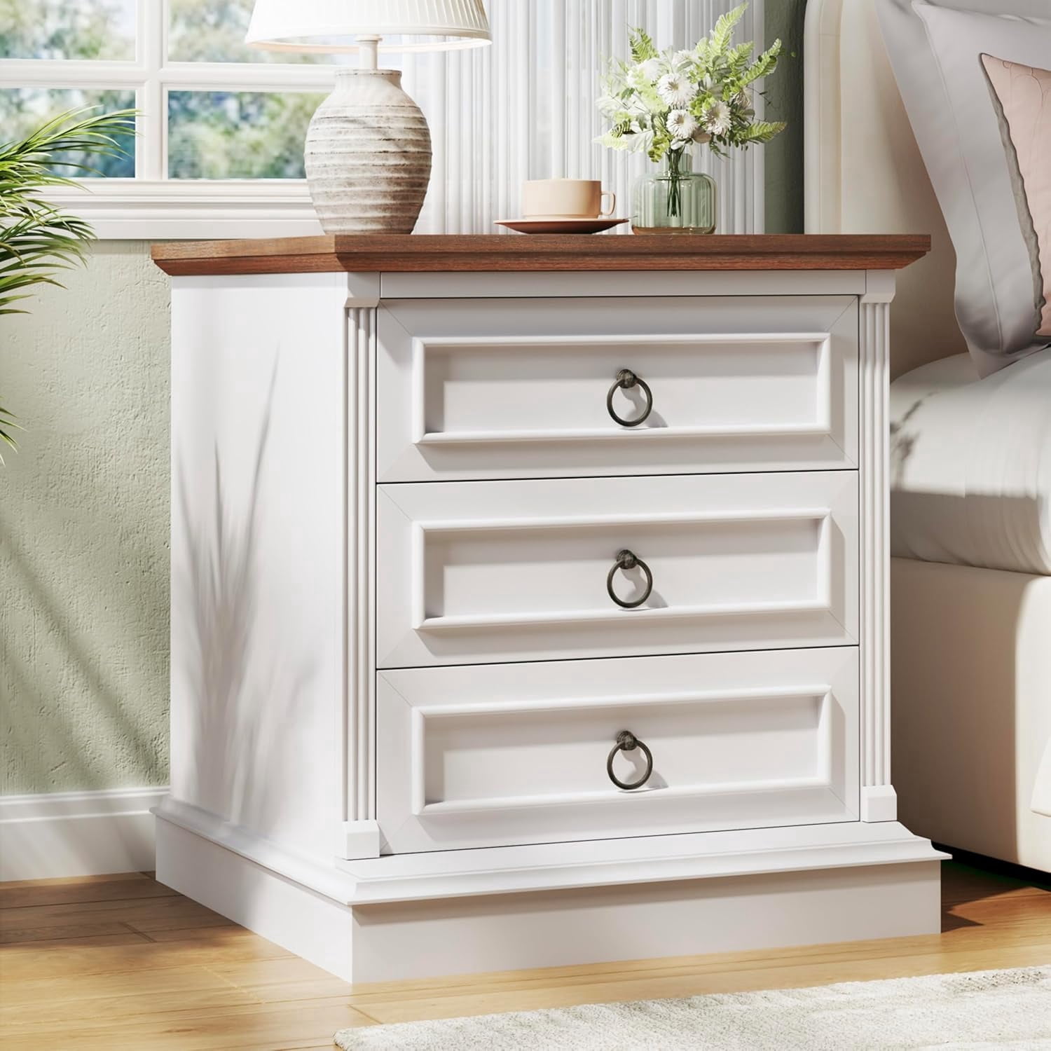 Farmhouse Nightstand with Wireless Charging Station, Bedside Table with ...
