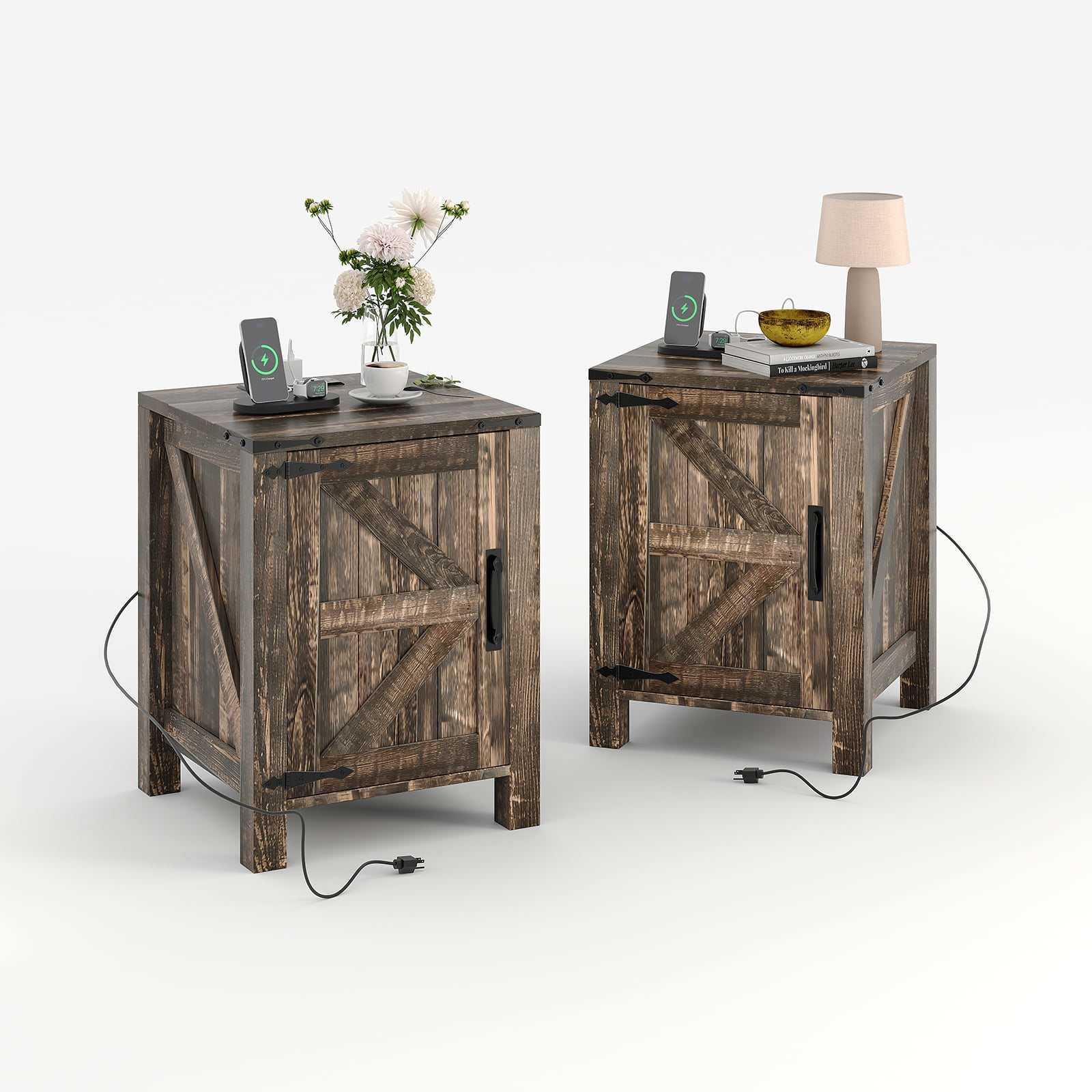 Farmhouse Nightstand with Charging Station, 18" Wooden Bedside Table ...