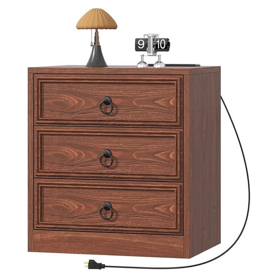 Farmhouse Nightstand with Charging Station, 21.7" Wide End Table, 3 ...