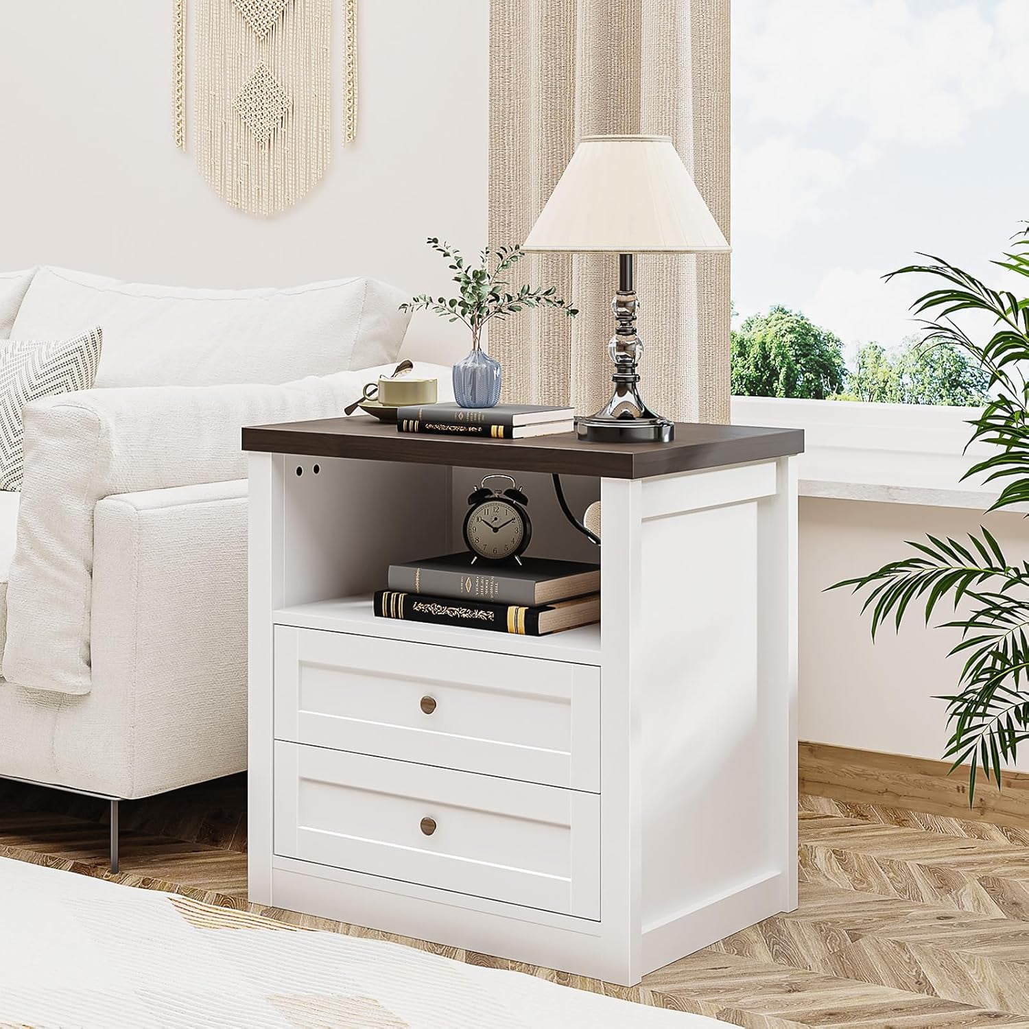 Farmhouse Nightstand with Charging Station, 23.6 Inch Rustic Night ...