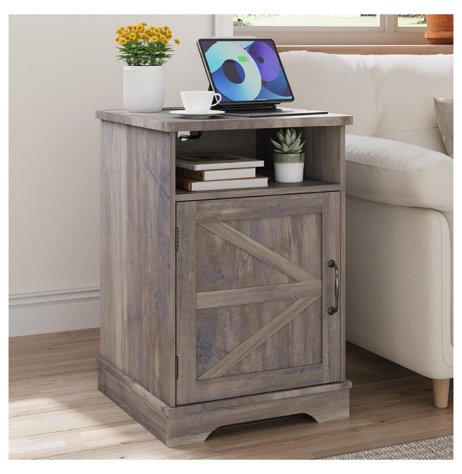 Farmhouse Nightstand with Charging Station, Beside Table with Barn Door ...