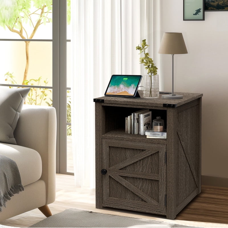 Farmhouse Nightstand with Charging Station, Beside Table with Barn Door ...