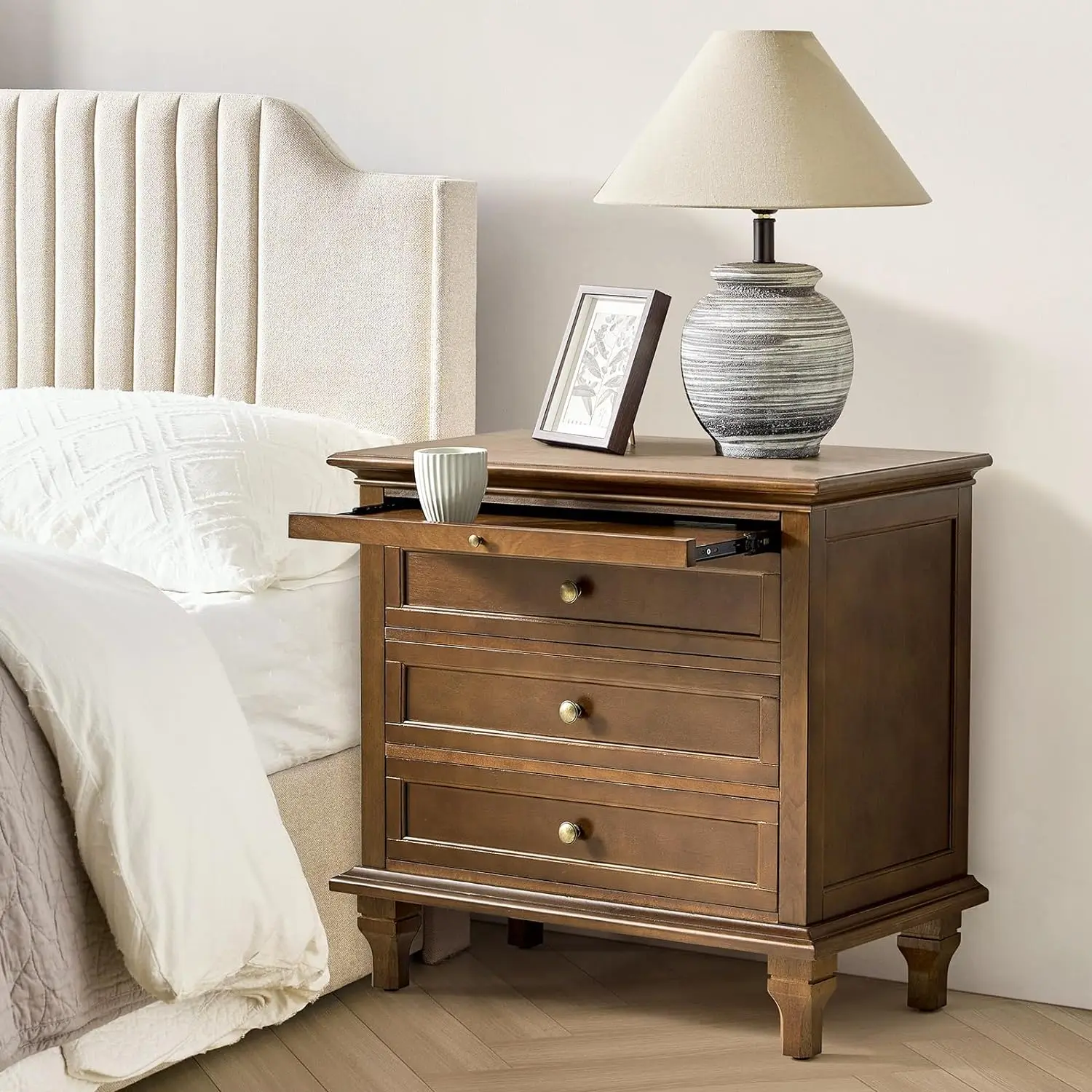 Farmhouse Nightstand with Charging Station, Drawer Organizer with Solid ...