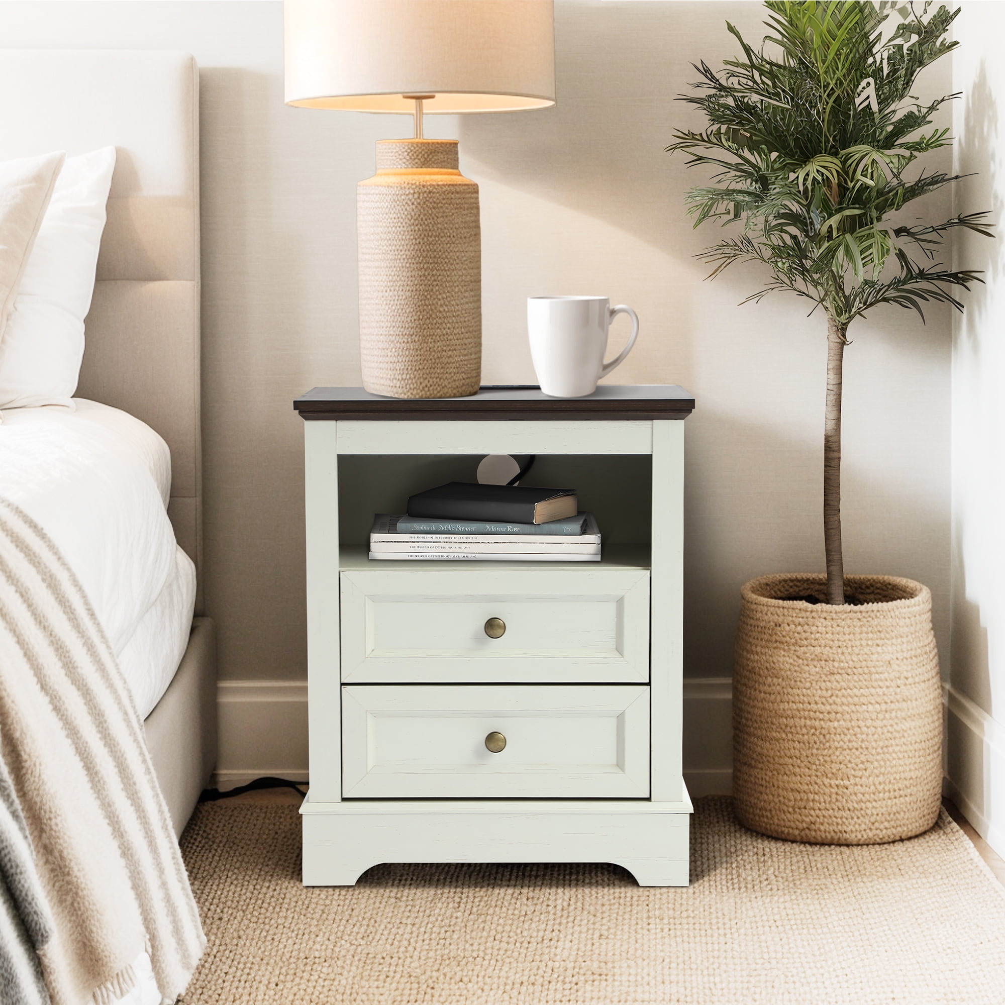 Farmhouse Nightstand with Charging Station, Nightstand with 2 Drawers ...
