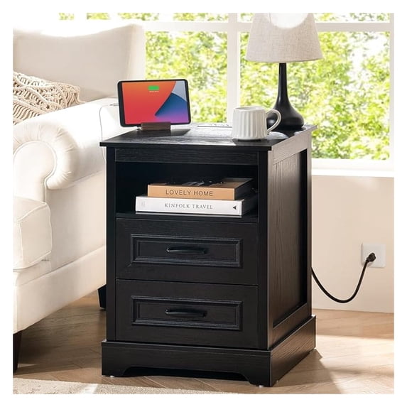 Farmhouse Nightstand with Charging Station, Wood Night Stand with ...