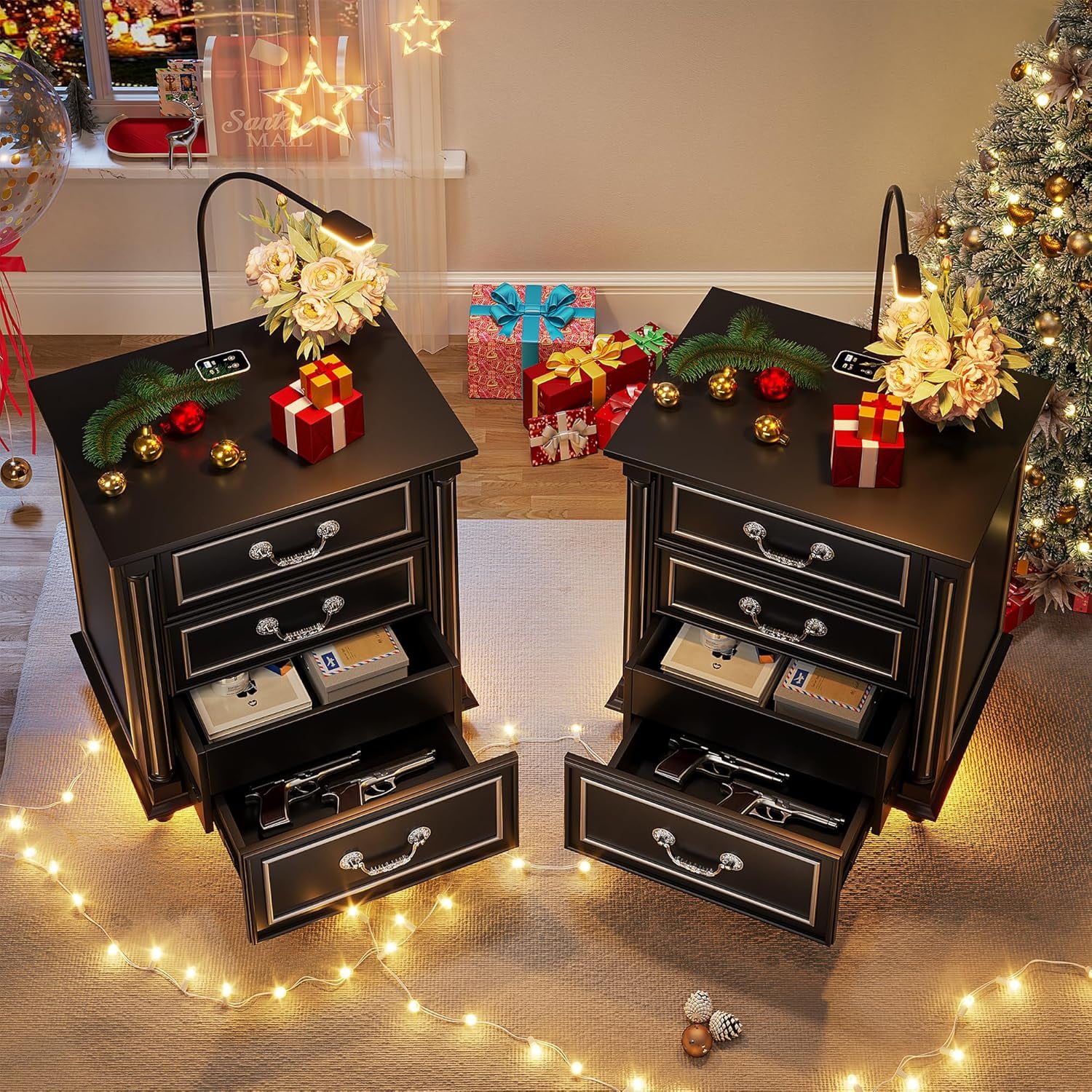 Farmhouse Nightstand with Gun Drawer and 3 Large Storage Drawers,Smart ...