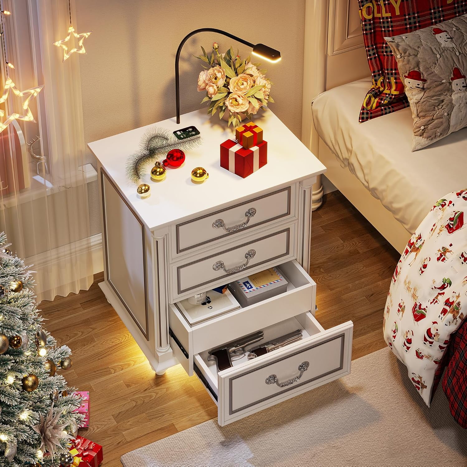 Farmhouse Nightstand with Gun Drawer and 3 Large Storage Drawers,Smart ...