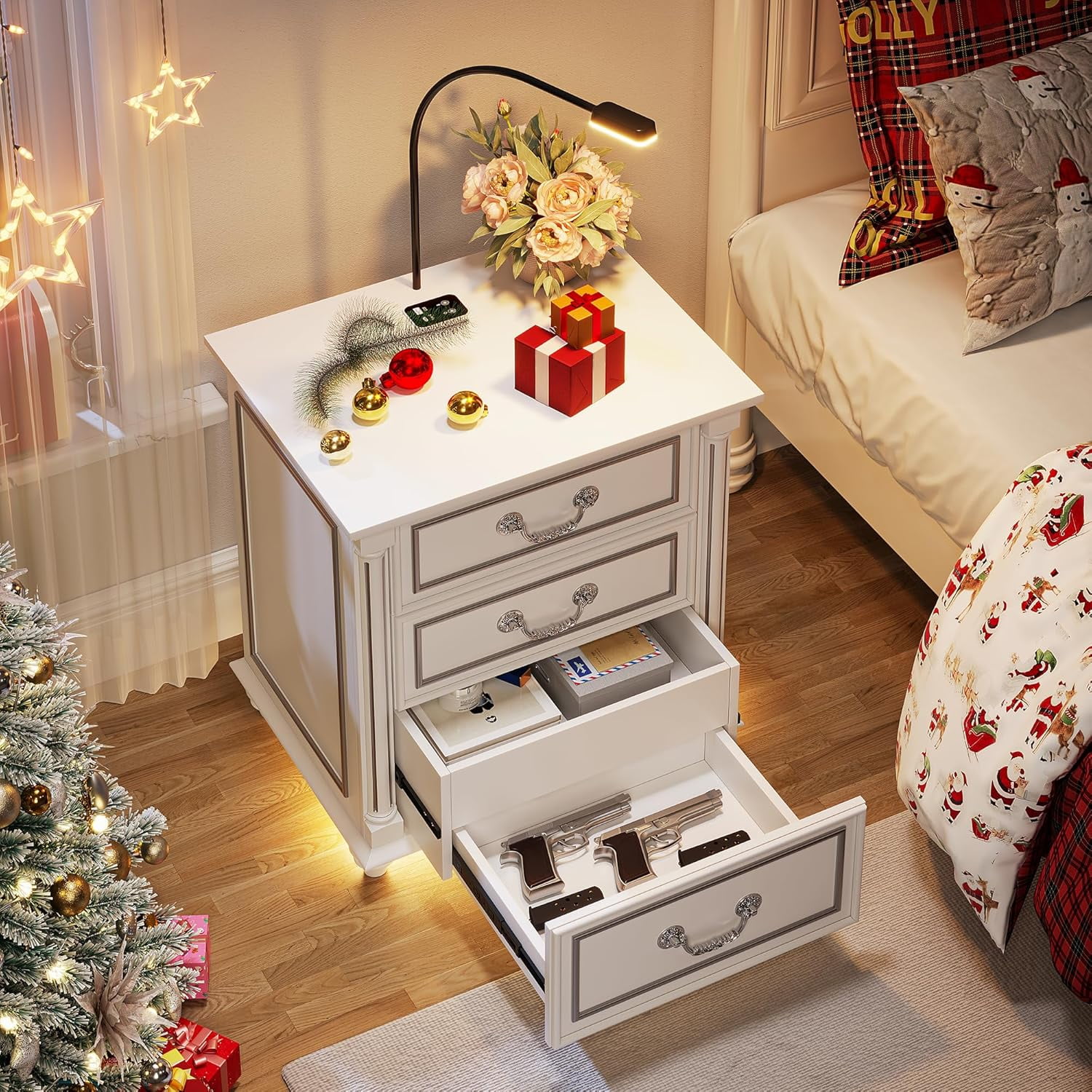 Farmhouse Nightstand with Gun Drawer and 3 Large Storage Drawers,Smart ...