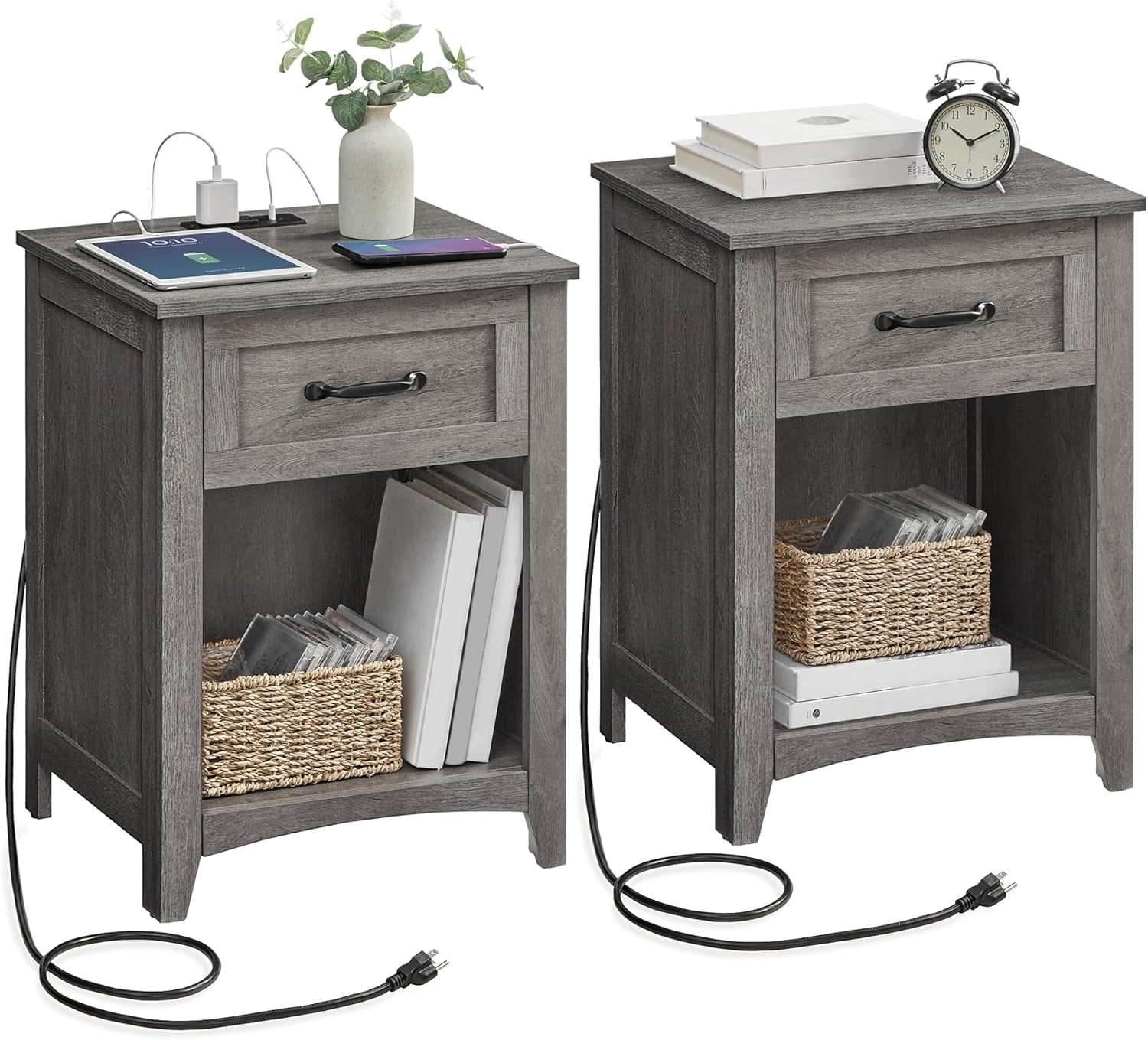 Farmhouse Nightstands with Charging Station Set of 2 Bedside Tables ...