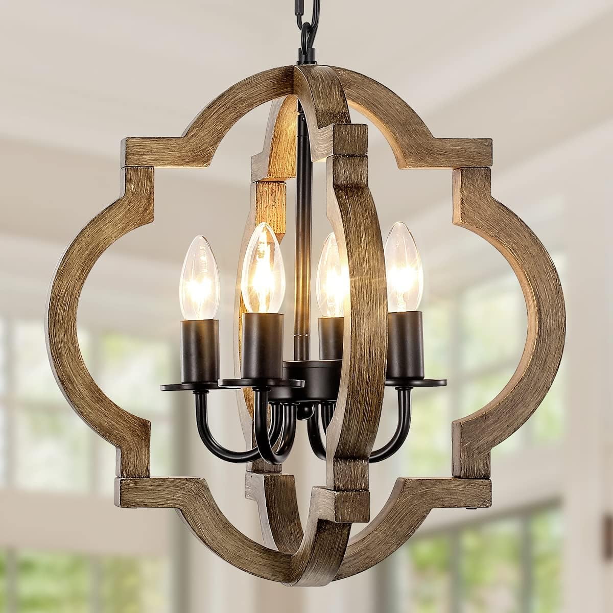 Farmhouse Orb Chandelier, Rustic Wood Chandelier for Dining Room, 4 ...