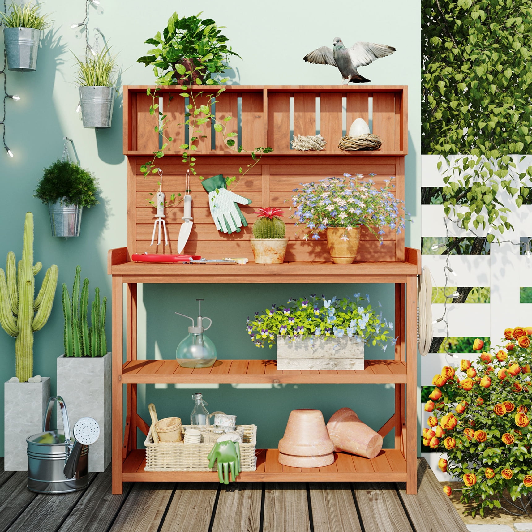 Farmhouse Outdoor Potting Bench with 4 Storage Shelves & Side Hooks ...