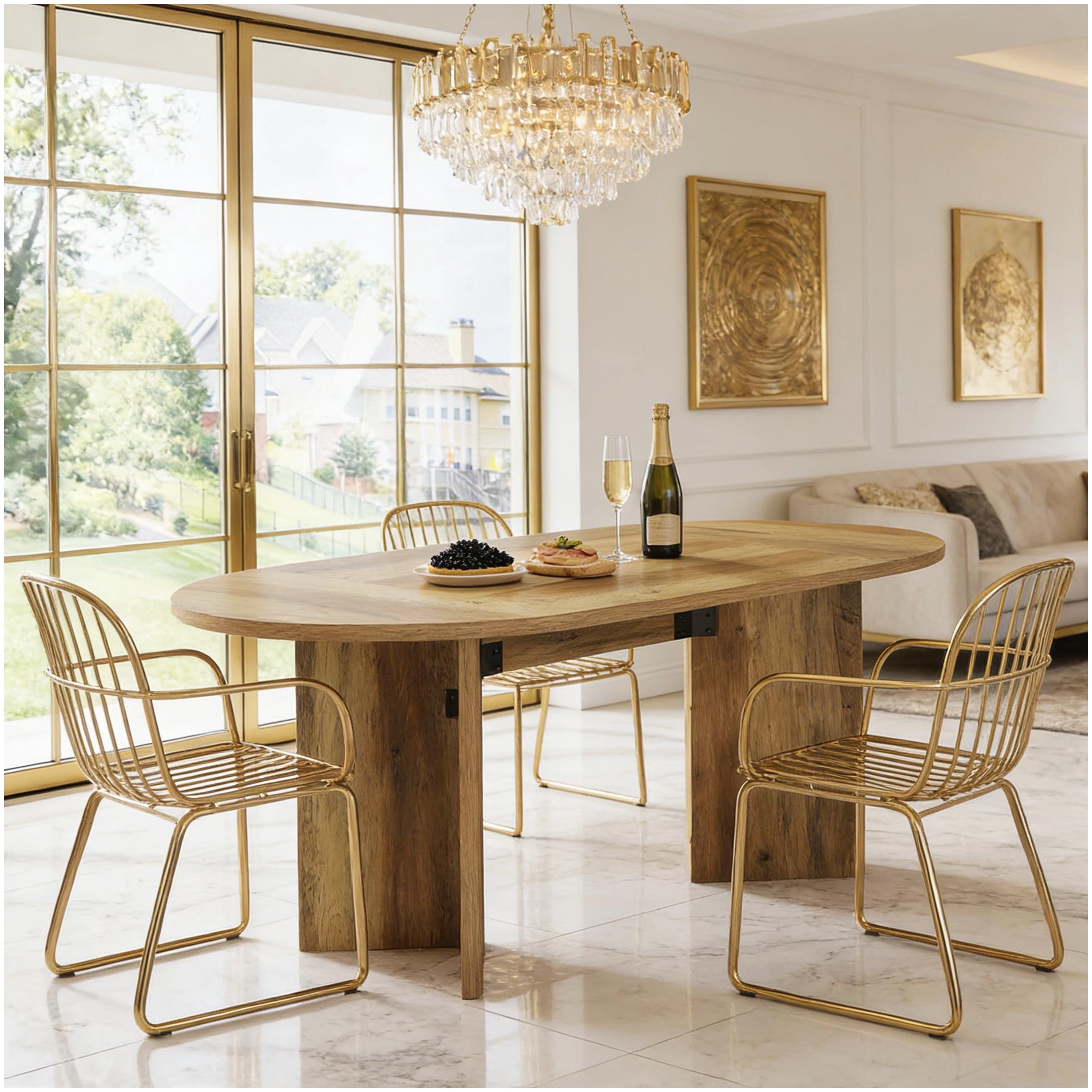 Farmhouse Oval Dining Table, Brown MDF Top Metal Base, Kitchen Table ...