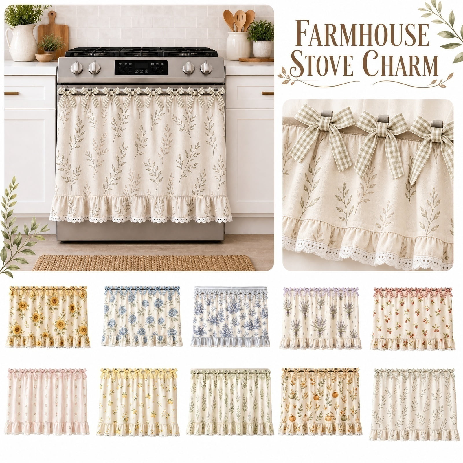Farmhouse Oven Curtain for Stove – Lace Trim Stove Curtain with Ribbon ...