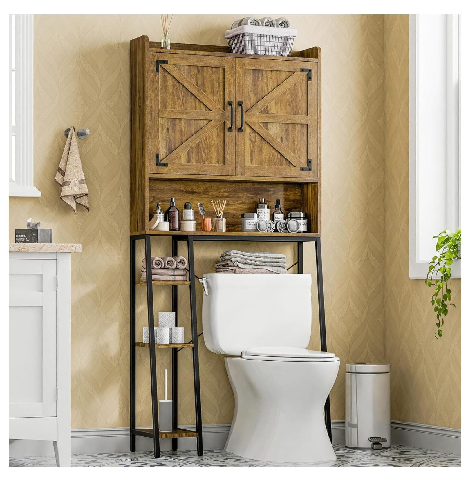 Farmhouse Over The Toilet Storage Cabinet with Barn Doors & Holder ...