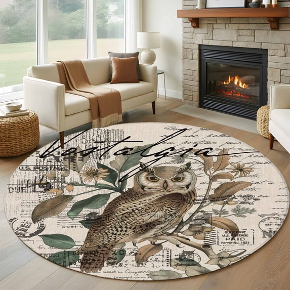 Farmhouse Owl Round Area Rug 6 FT, Non Slip Bedroom Rugs, Country ...