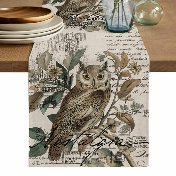 Farmhouse Owl Table Runner, Country Envelope Postmark Rustic Botancial ...