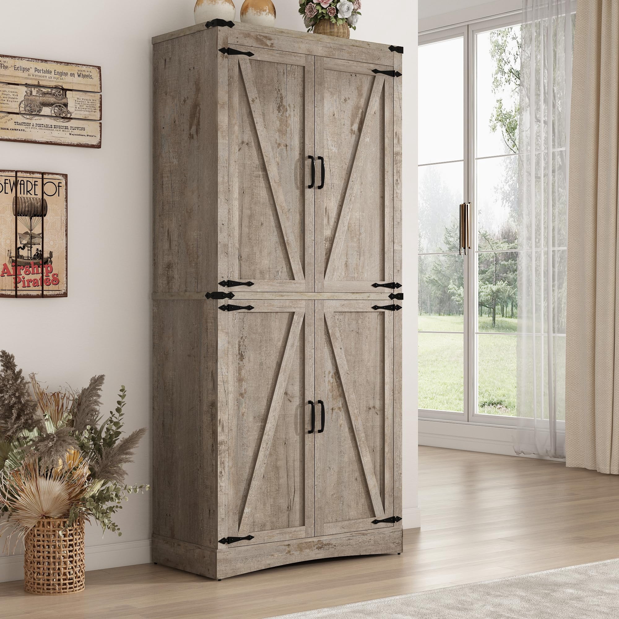 Farmhouse Pantry Cabinet with 4 Barn Doors, Adjustable Shelves Storage ...