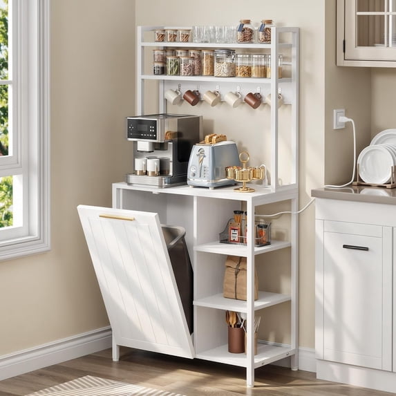 Farmhouse Pantry Cabinet with Built-in Trash Can Bin & Power Outlets ...