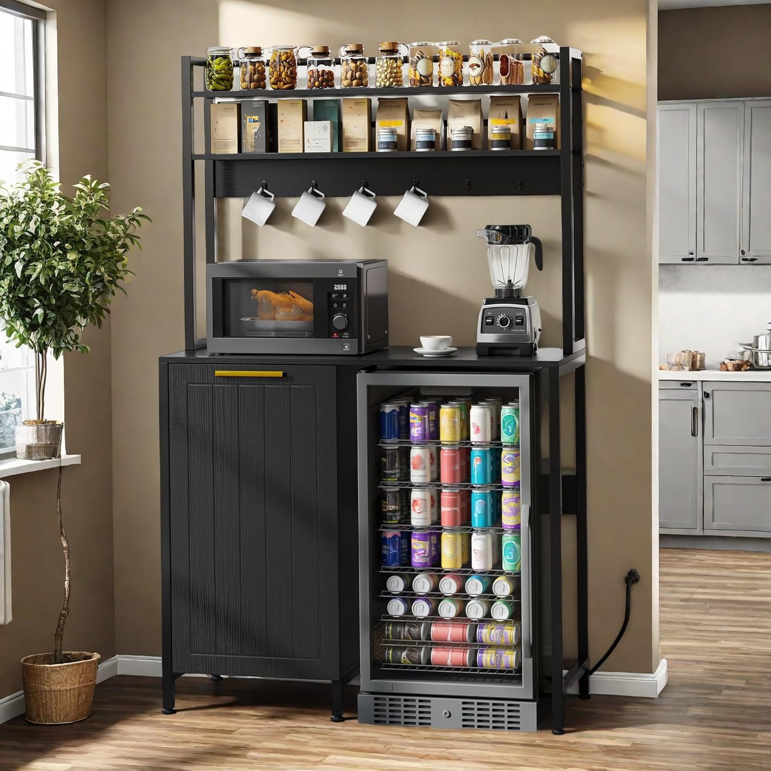 Farmhouse Pantry Cabinet with Built-in Trash Can Bin & Power Outlets ...