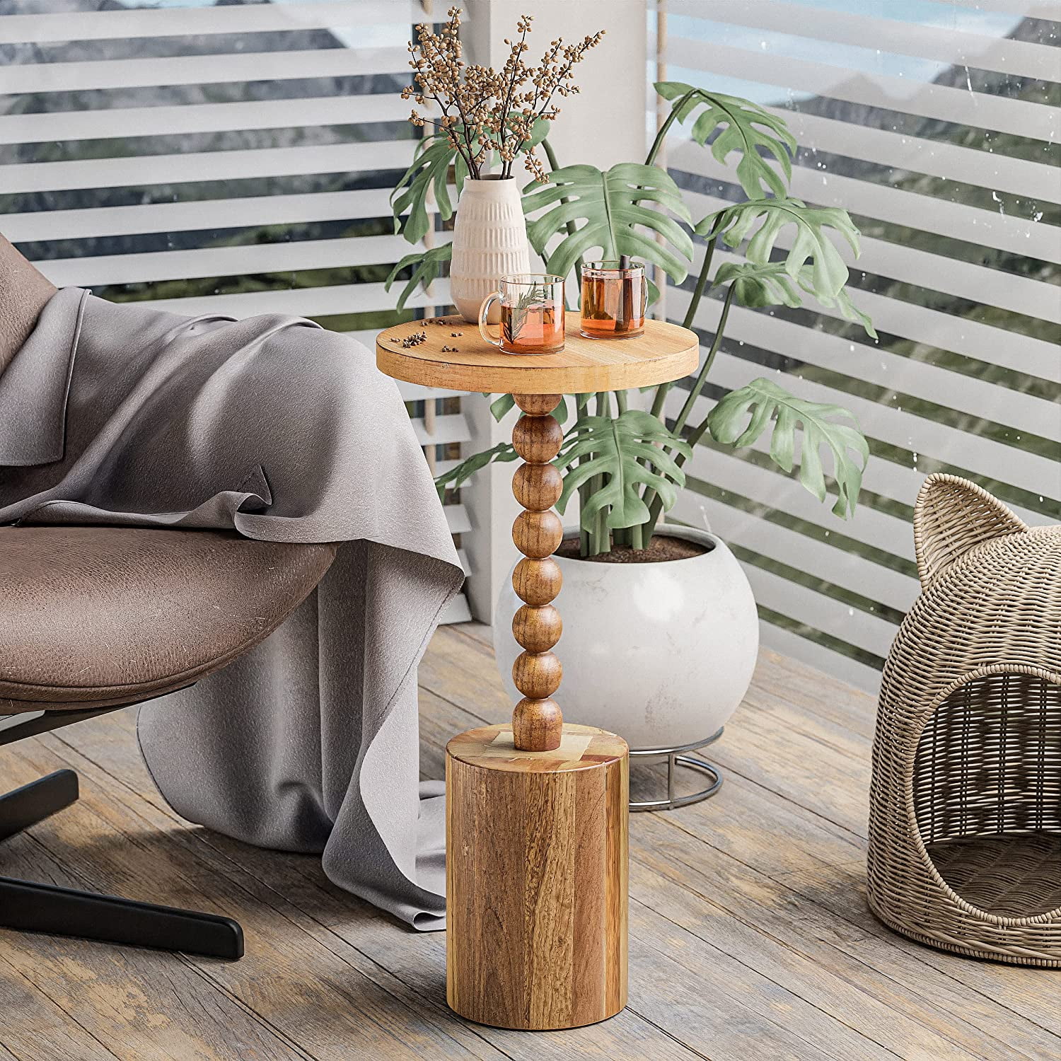 Farmhouse Pedestal End table, Rustic Wood Drink Table with Base, Round ...