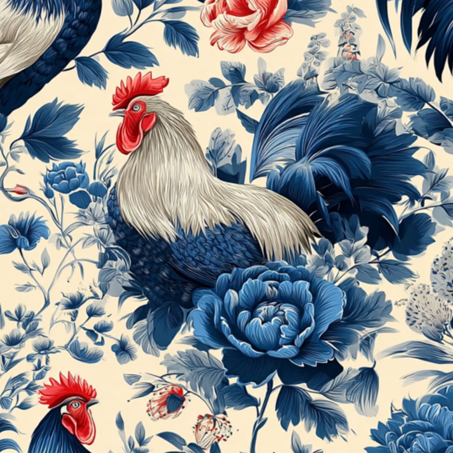 Farmhouse Peel and Stick Wallpaper Floral Rooster Blue Red Tones Wall ...