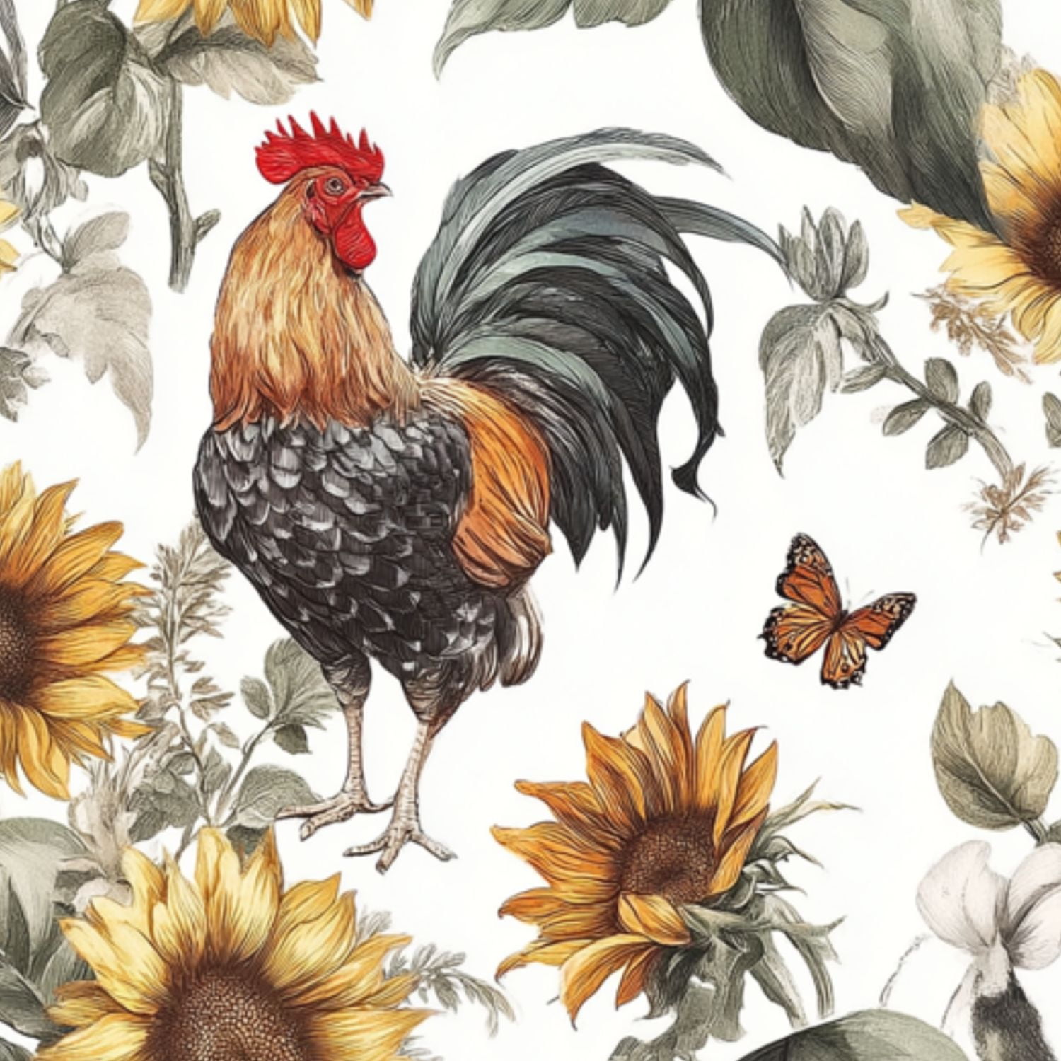 Farmhouse Peel and Stick Wallpaper Rooster Among Sunflowers Butterfly ...