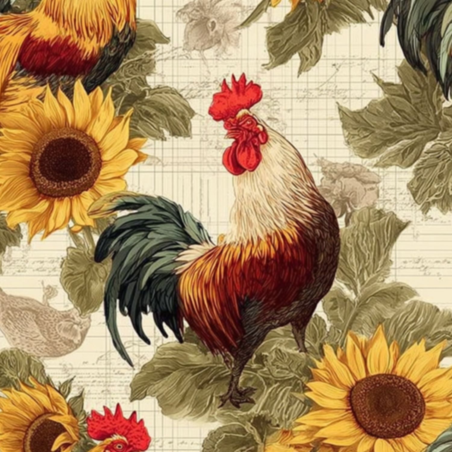 Farmhouse Peel and Stick Wallpaper Roosters Sunflowers Vintage Floral ...